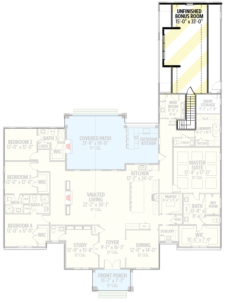 Transitional Style Home Plan with Two-Story Great Room & Bonus Room ...