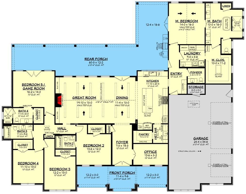 4 or 5-Bedroom Modern Transitional House Plan with Vaulted Living & 3 ...