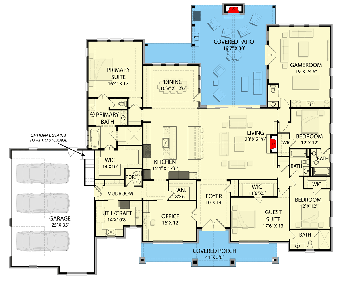 Expanded One-Level New American Craftsman House Plan with Home Office ...